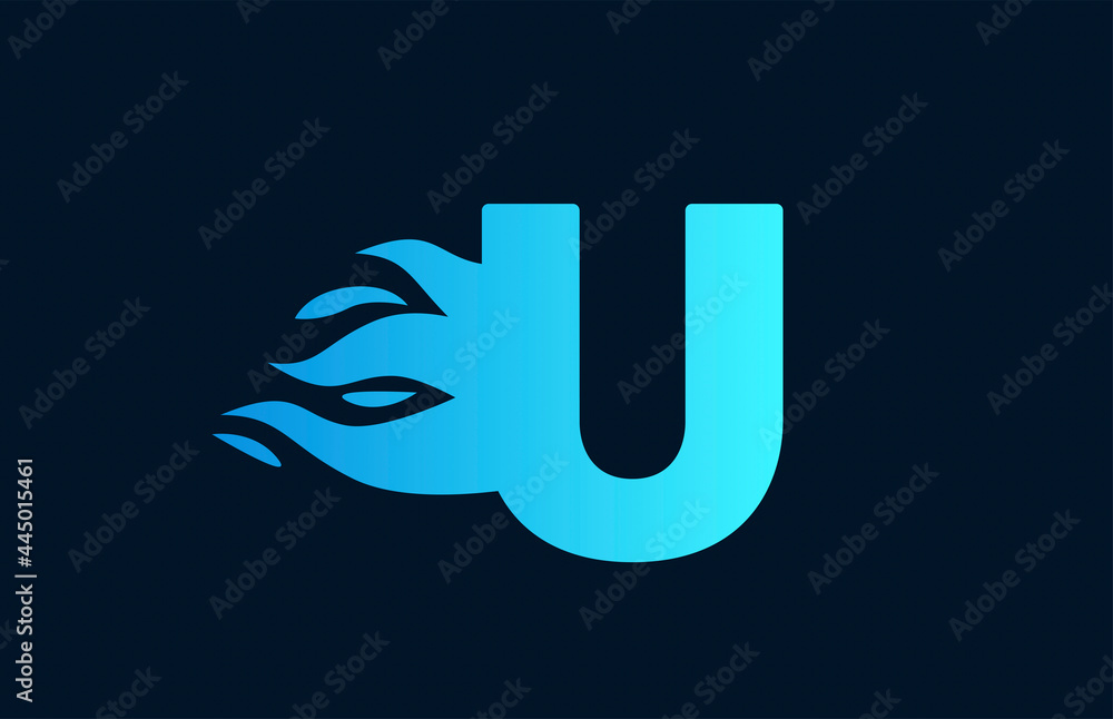 blue flames U alphabet letter icon for business. Fire design suitable ...