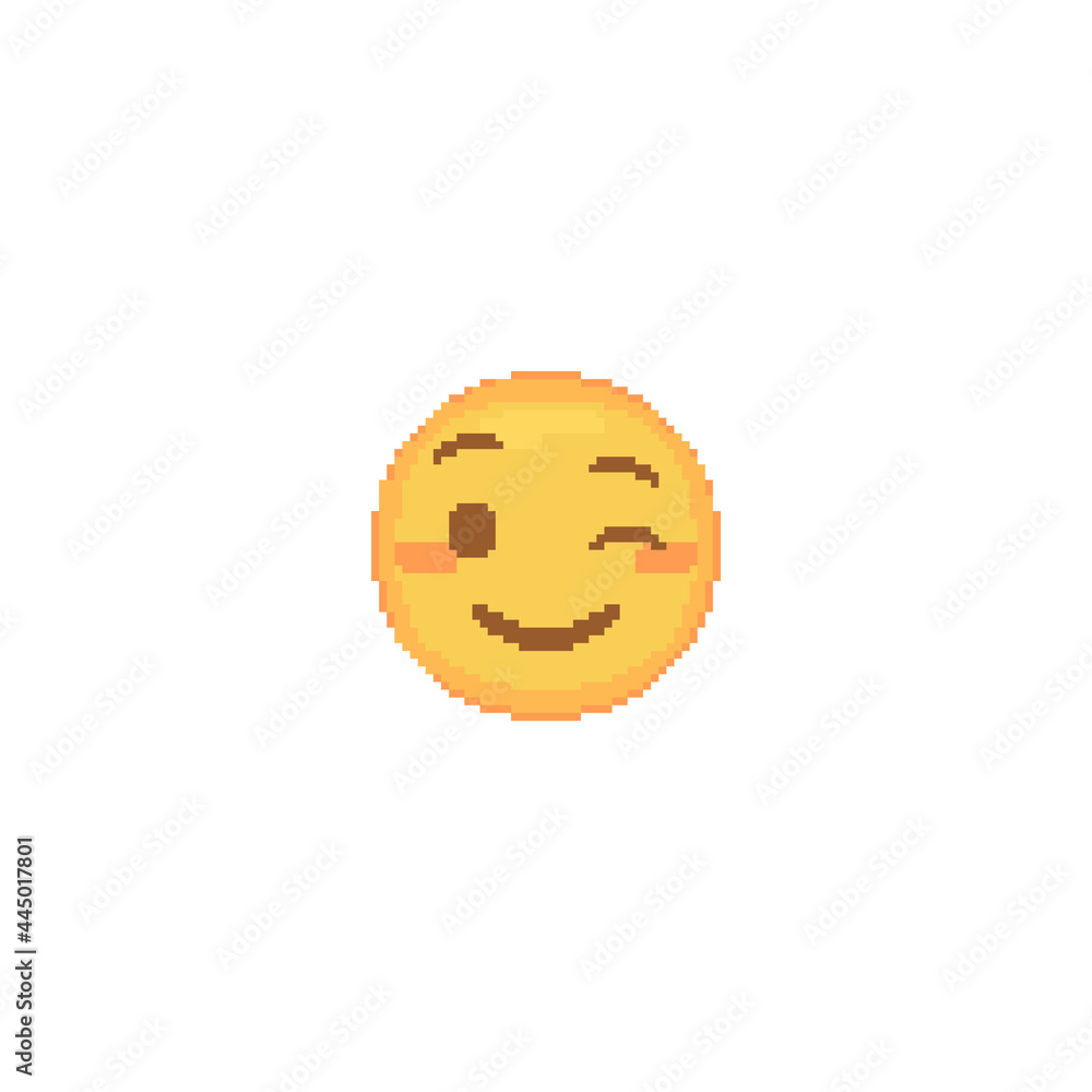 Pixel art Winking Emoji face icon. Vector cute pixel Winky emoticon ...