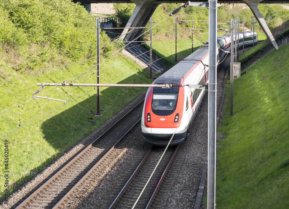 Swiss tilting train SBB ICN RABDe 500 view from above on May 8, 2021 in Niederbipp, Switzerland ...