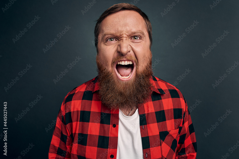 Angry and disappointed handsome bearded man in checkered shirt swearing ...