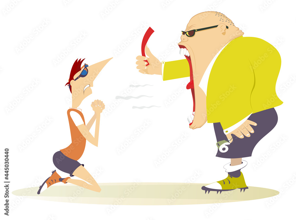 Shouting referee holds a red card and player illustration. Angry ...