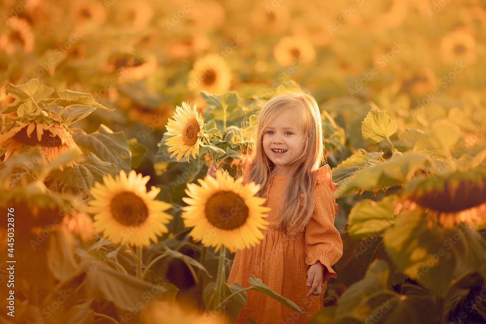 happy little girl having fun among blooming sunflowers in the rays of ...