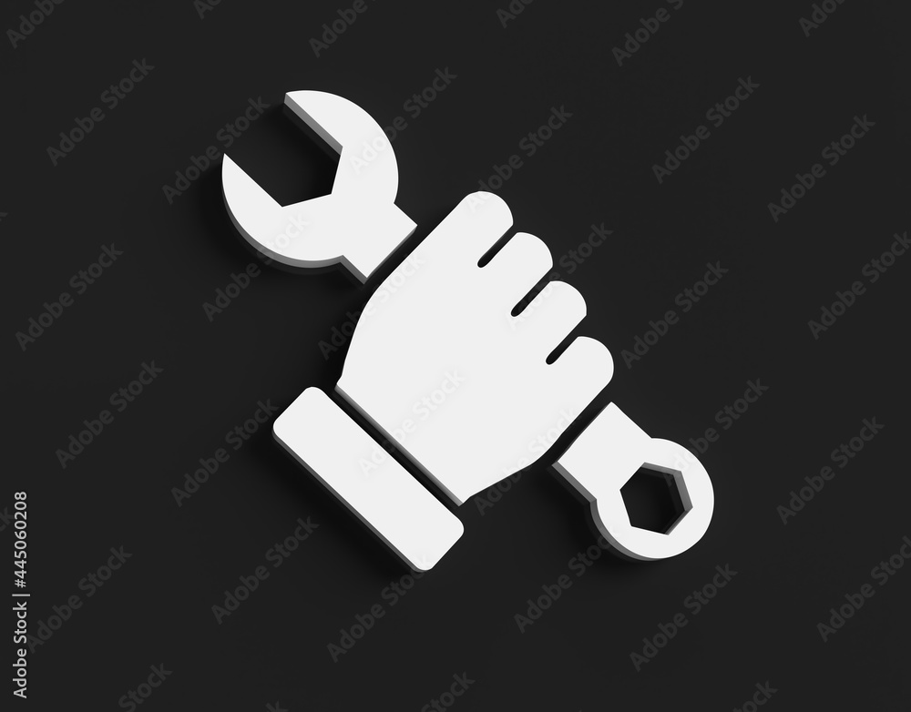 Hand with wrench white 3D icon maintenance symbol black background ...