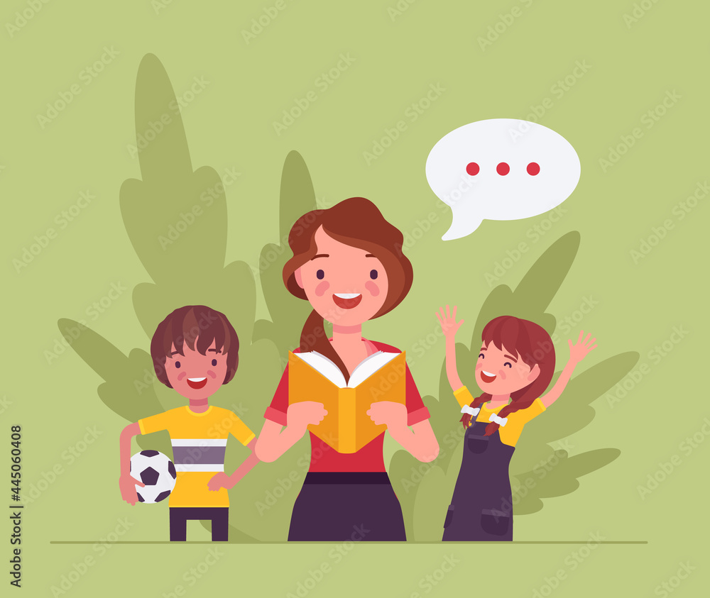 Kindergarten book story reading aloud, female teacher, children ...