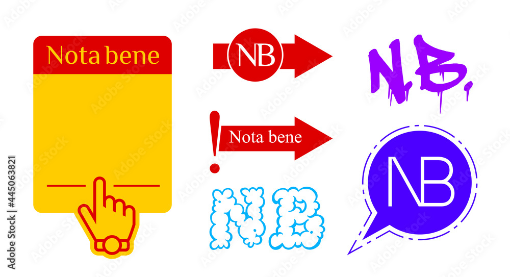 Nota bene latin phrase colored icons. NB abbreviation and note page ...