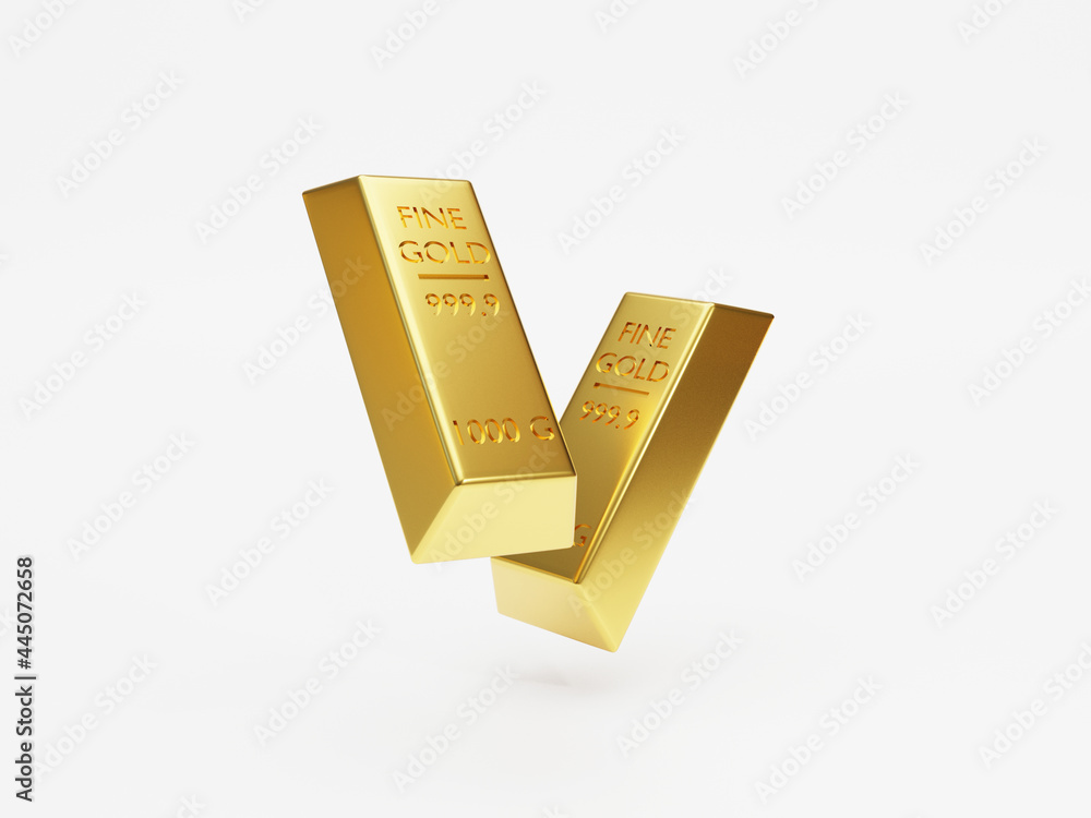 Isolated of two gold bar or gold ingot stacking on white background by ...