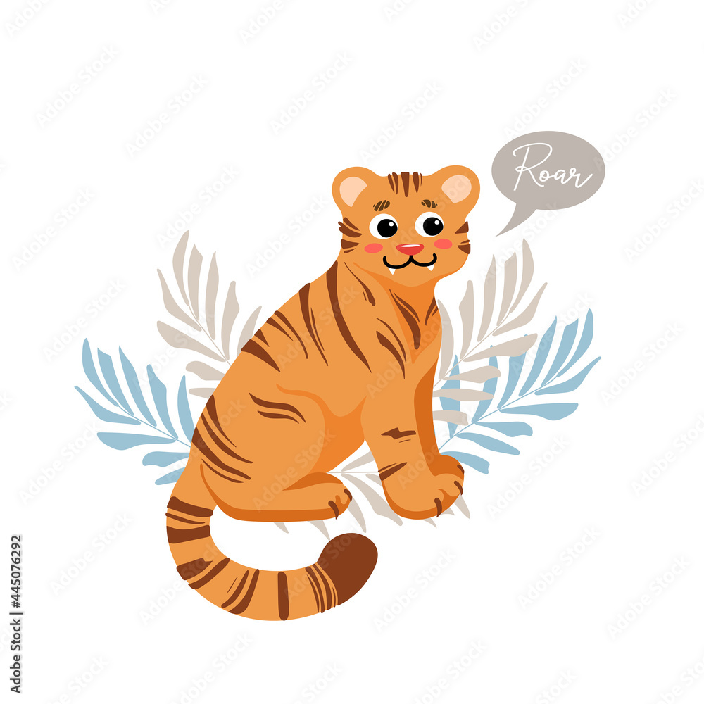 Cute sitting tiger growls roar childrens vector illustration in cartoon ...