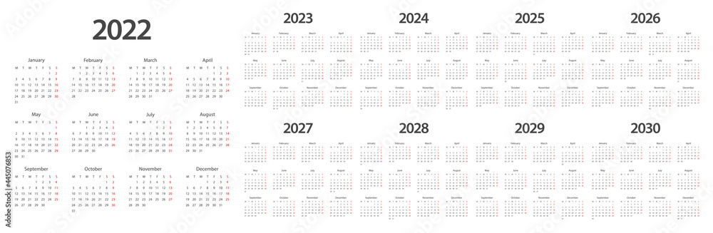 Calendar 2022 2023 2024 2025 2026 2027 2028 2029 2030 week start Monday ...