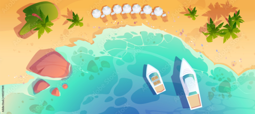 Sea beach top view, tropical ocean coastline with umbrella, lounges ...