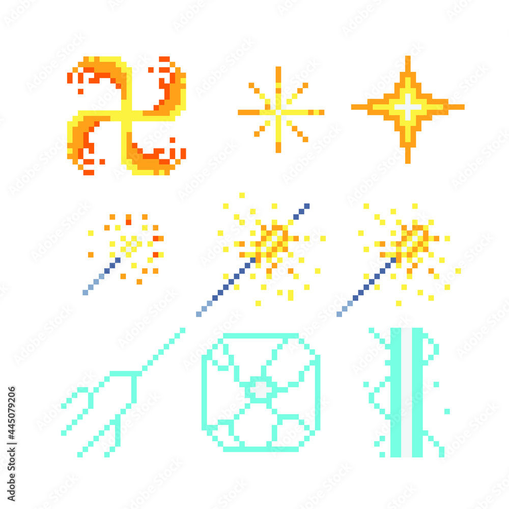 Pixel art abstract icons set. Fx light effects. Light symbols. Electric ...