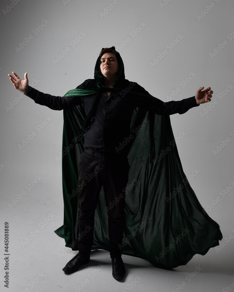 Full length portrait of a brunette man wearing black shirt, waistcoat ...