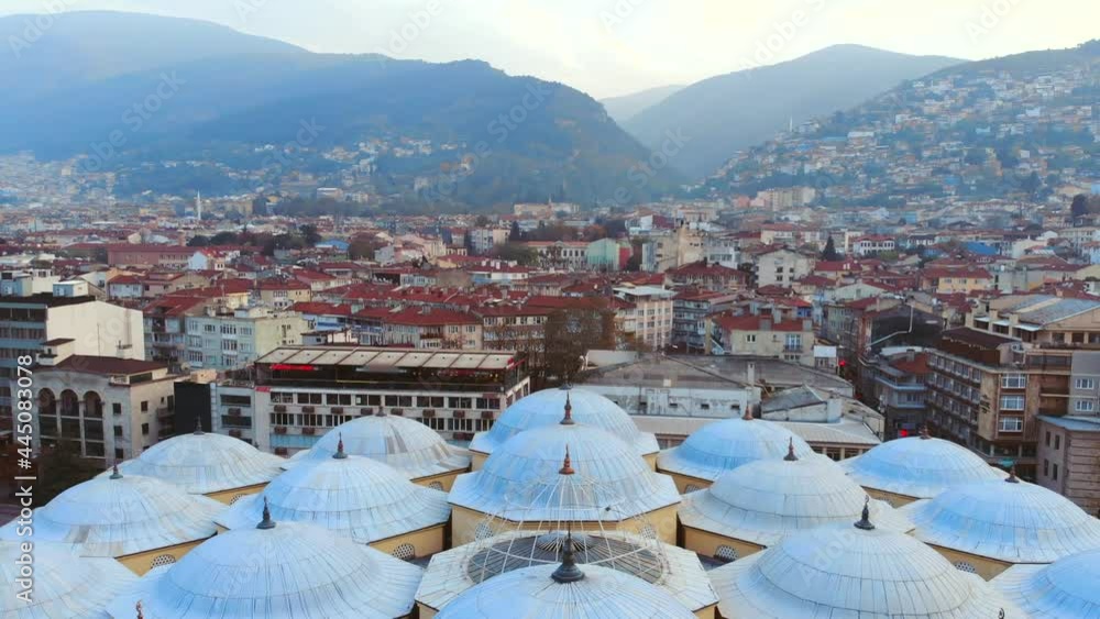Aerial view of Bursa historical grand mosque with drone.Minaret masjid ...