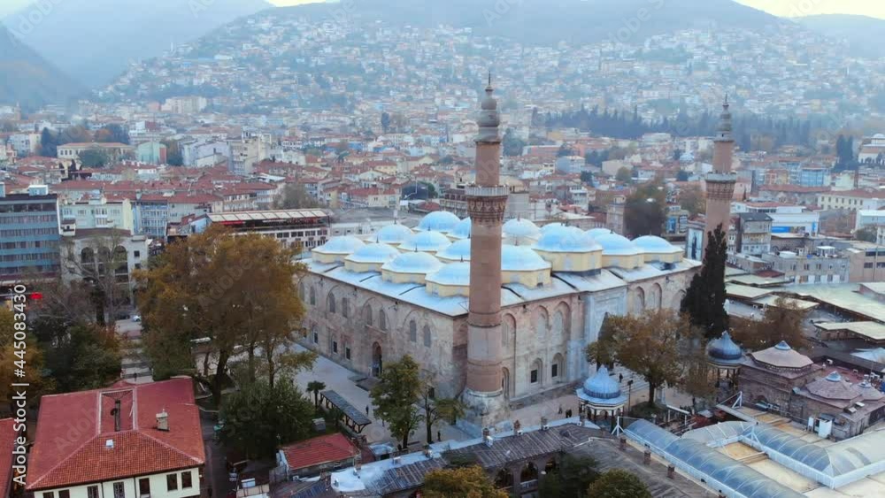 Video „Aerial view of Bursa historical grand mosque with drone.Minaret ...