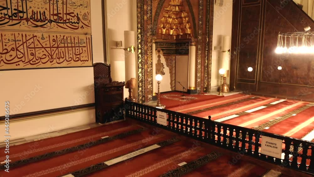 Interior of giant historic great mosque.Minaret masjid mystical god ...