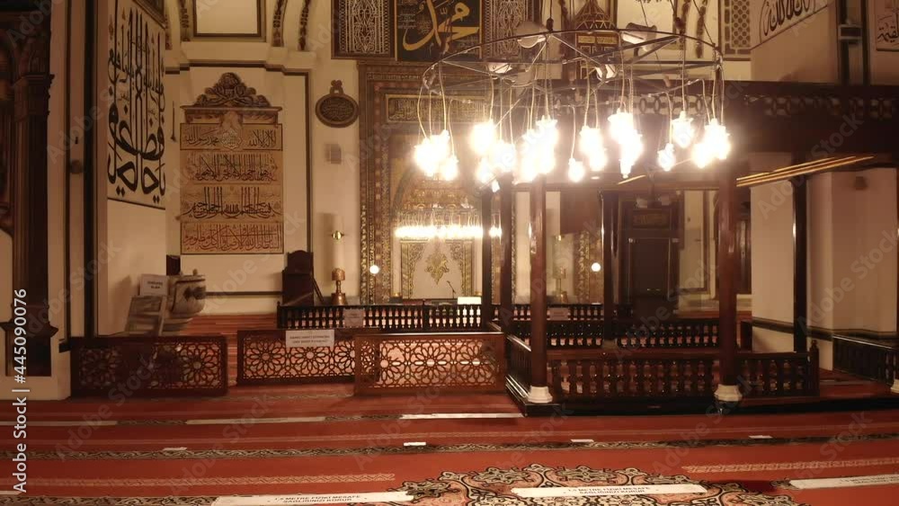 Interior of giant historic great mosque.Minaret masjid mystical god ...