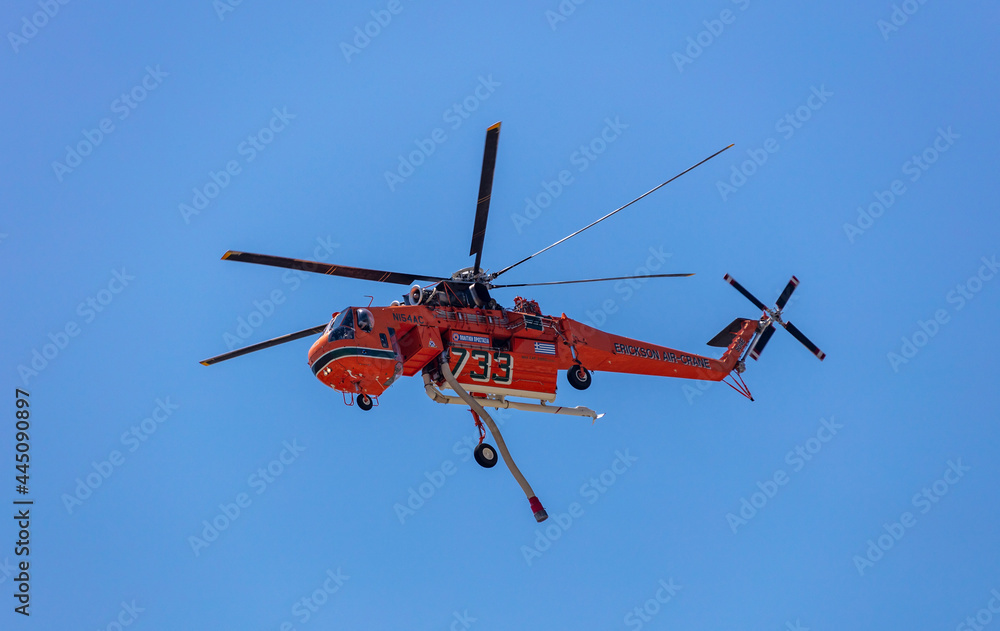 Greek fire brigade Erickson helicopter returning to airport after a ...