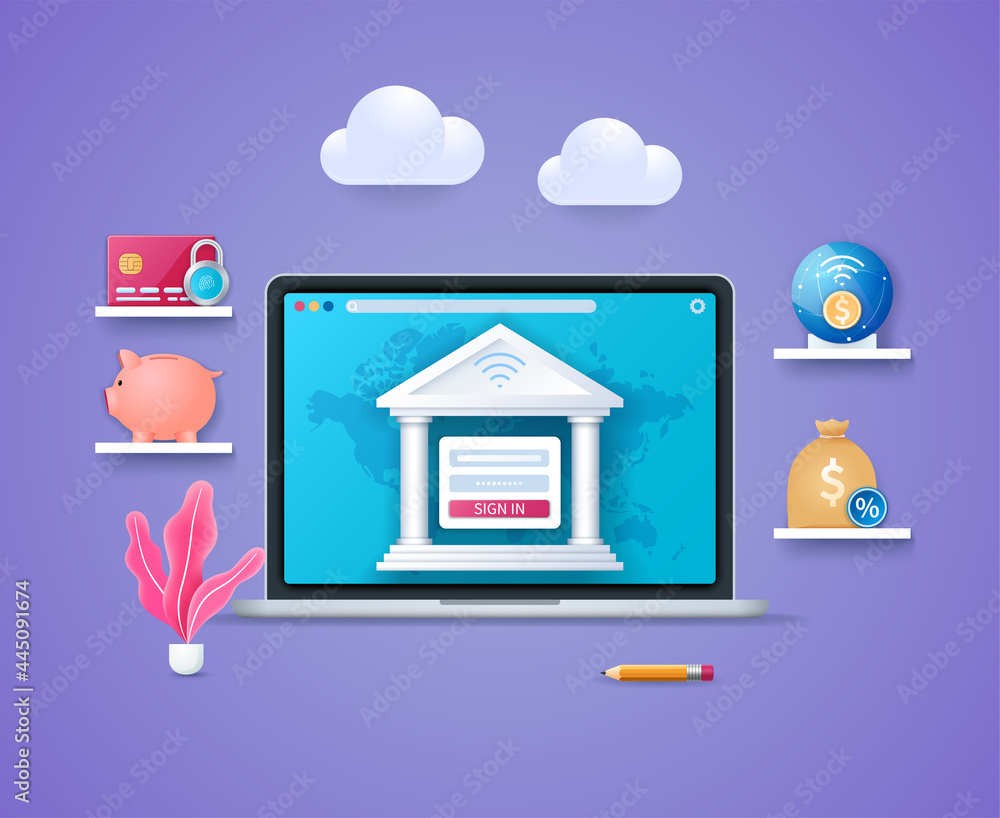 Online banking concept. Laptop with bank building icon on screen. Bank ...