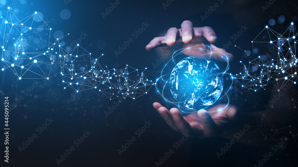 Hands holding abstract network Earth technology structure. Internet and ...