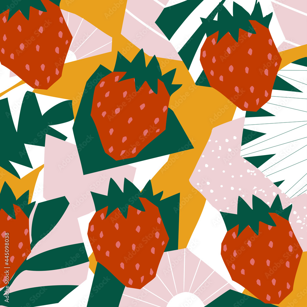 Strawberry fruit poster. Summer tropical design with strawberries ...