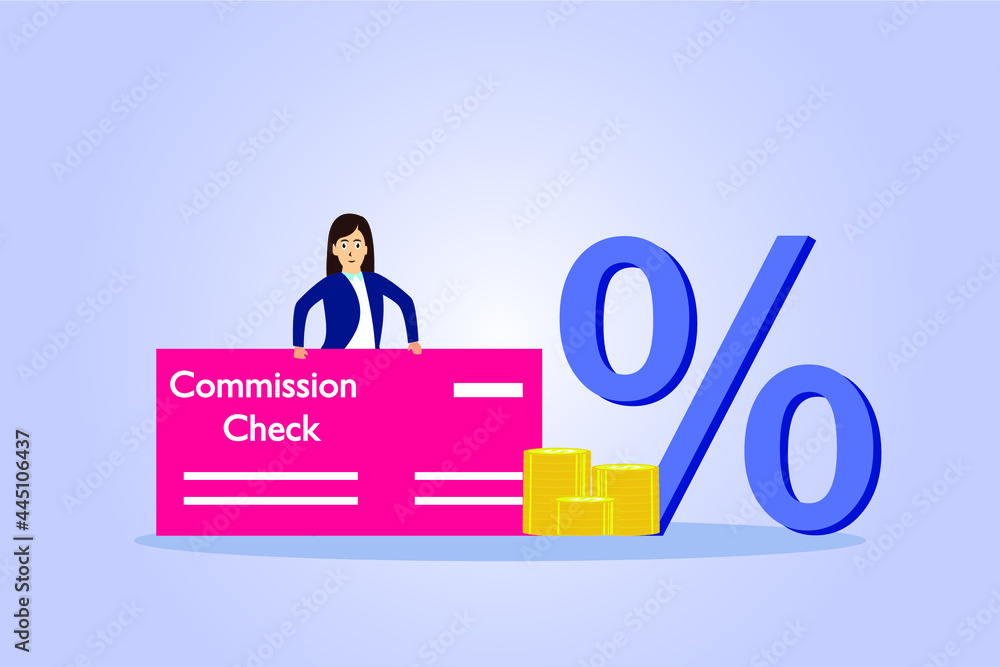Commission check vector concept. Businesswoman holding a commission ...