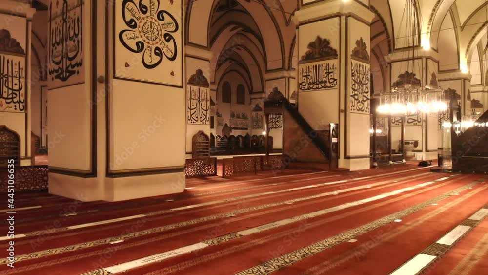 Interior of giant historic great mosque.Minaret masjid mystical god ...