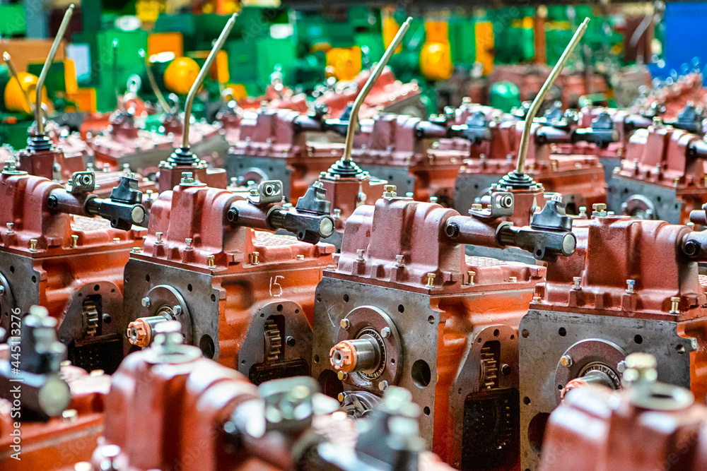 New Tractors Gearboxes Located Together At Production Facility. Stock ...