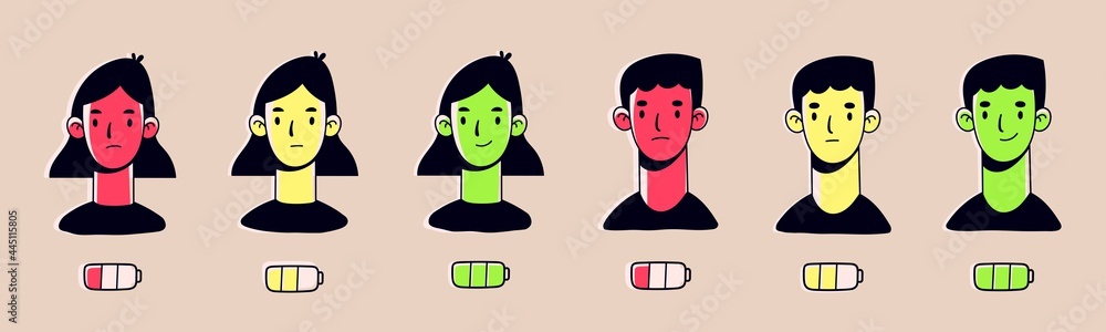 Young people with various states of Battery Charging. Low and full ...
