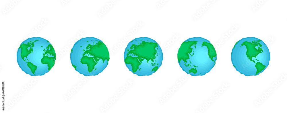 Planet Earth sphere rotate set. World map in globe shape spinning ...