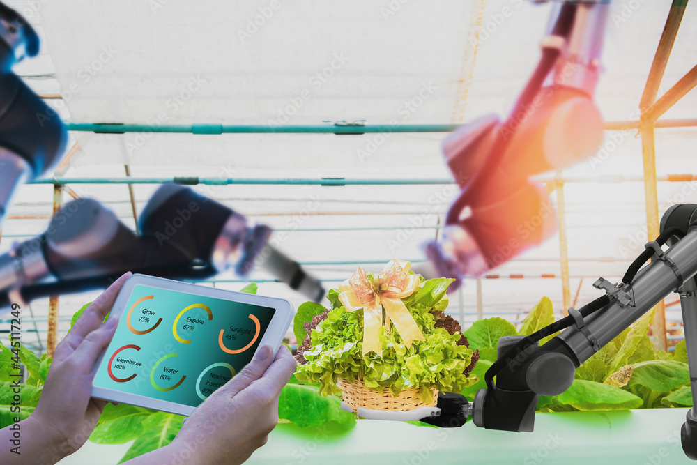 Farmers use futuristic tablet to inspect robotic arm harvest produce ... Farmers use futuristic tablet to inspect robotic arm harvest produce ...