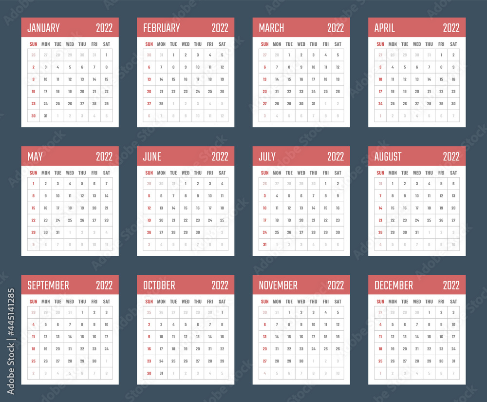 2022 year calendar, calendar design for 2022 starts sunday Stock ...