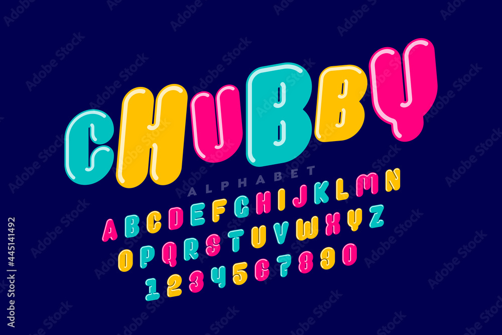 Chubby, playful style font design, plumpy alphabet, letters and numbers ...