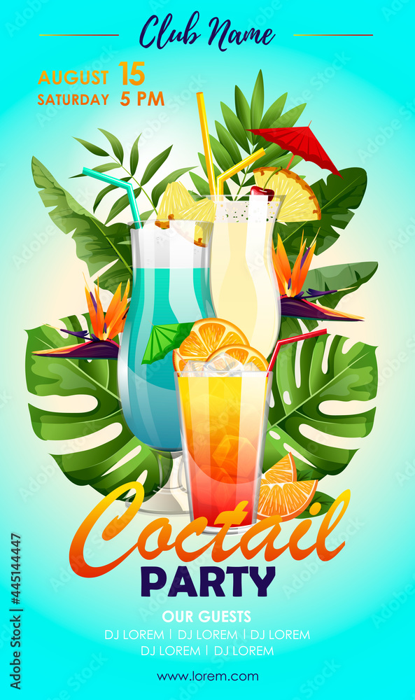 Summer cocktail party poster. Beach party flyer with alcohol drinks in ...