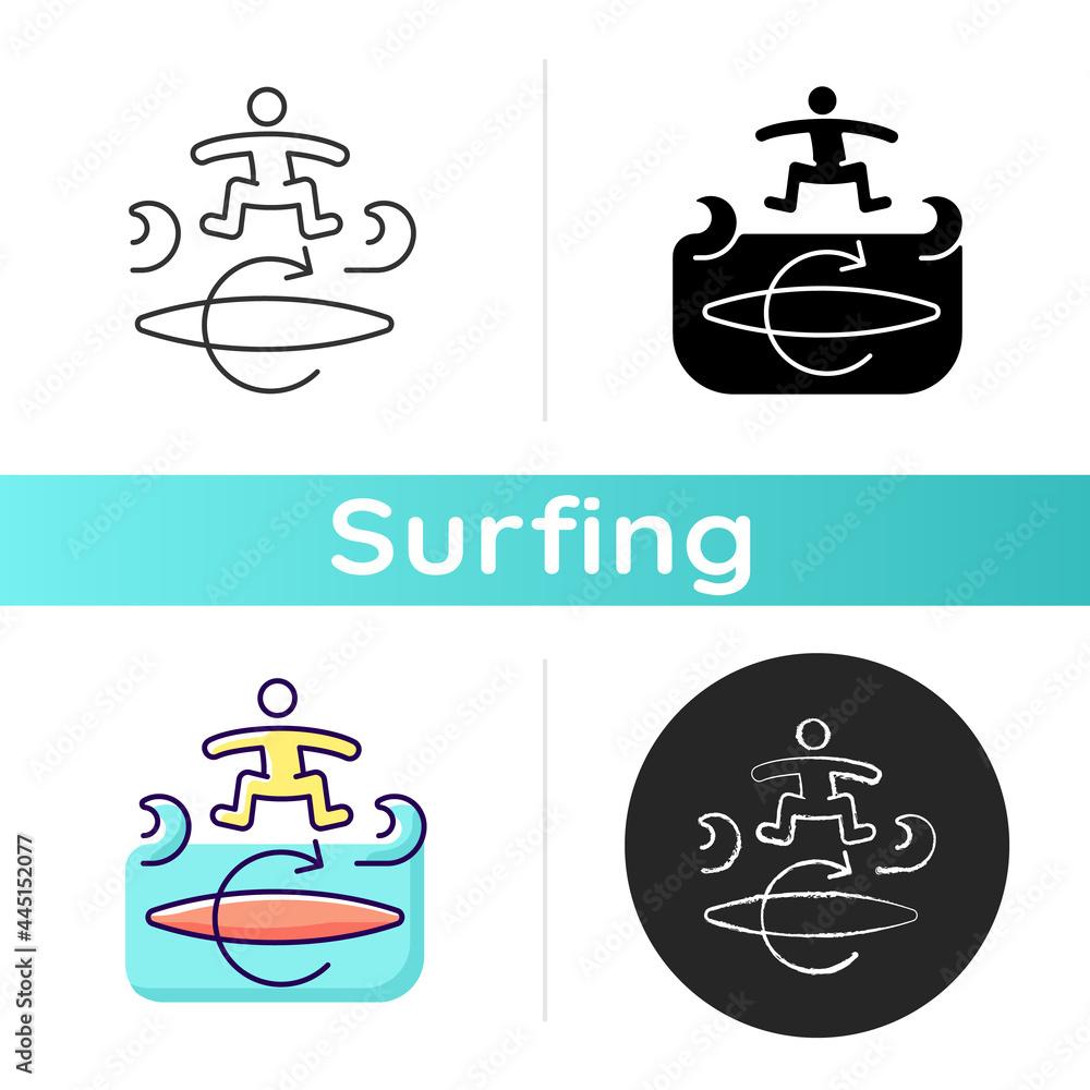 Kickflip surfing technique icon. Performing flip trick on surfboard ...