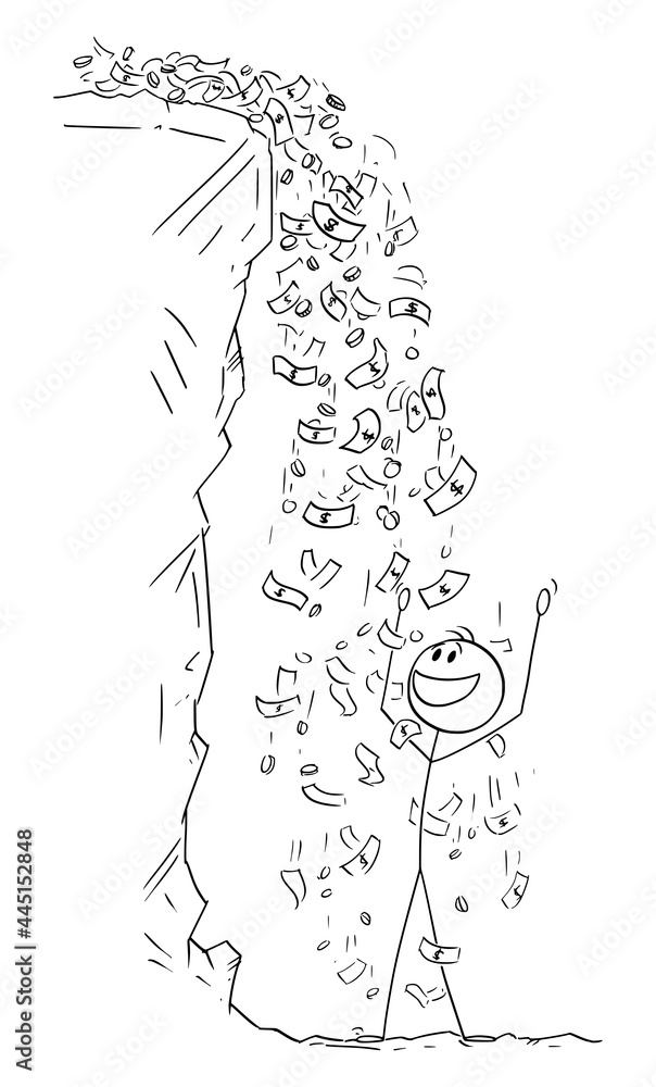 Person Enjoying Money Falling as Waterfall, Vector Cartoon Stick Figure ...
