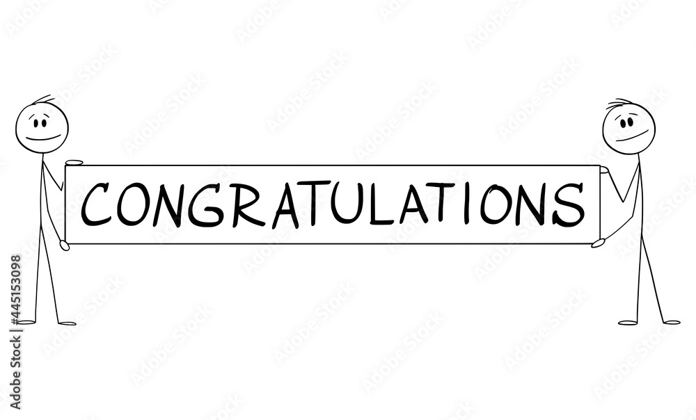 Two Persons Holding Big Congratulations Sign or Banner, Vector Cartoon ...