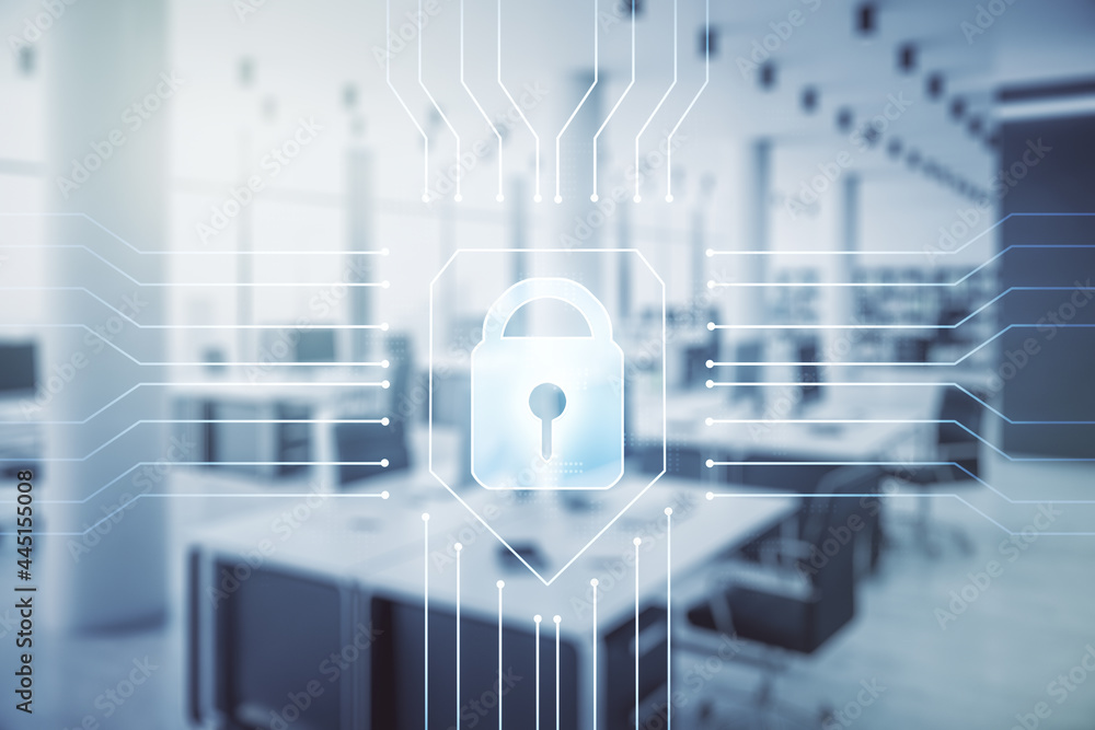 Virtual creative lock symbol and microcircuit illustration on a modern ...