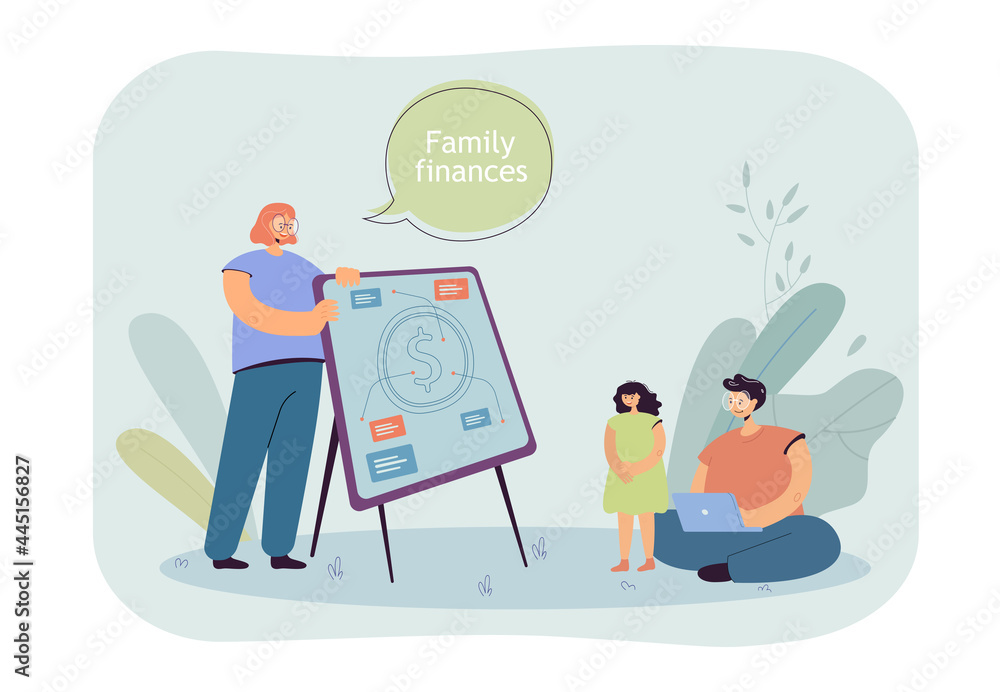 Family finances lesson flat vector illustration. Mother, father with ...