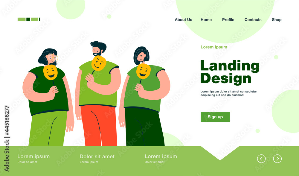 Depressed and angry people holding masks with happy faces for hiding ...