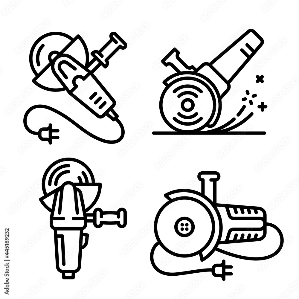 Angle grinder icons set. Outline set of angle grinder vector icons for ...