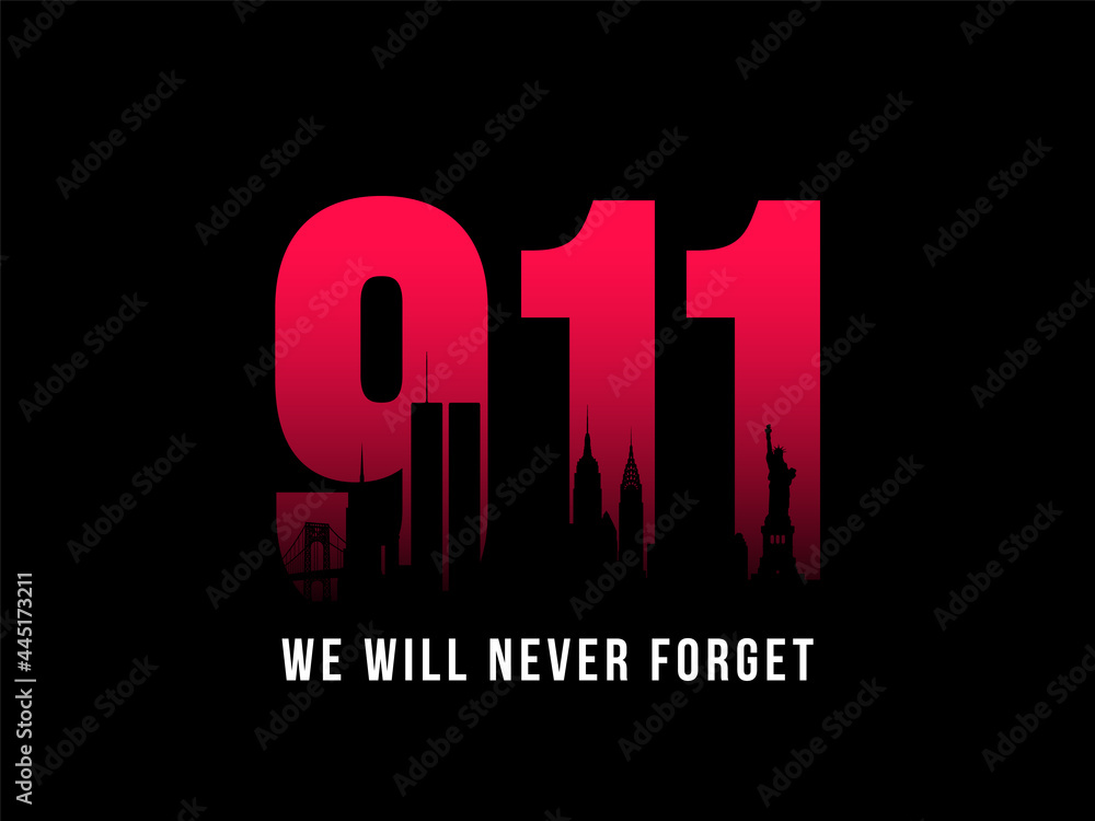 9-11 Patriot Day banner. Black silhouette of New York City Skyline on ...