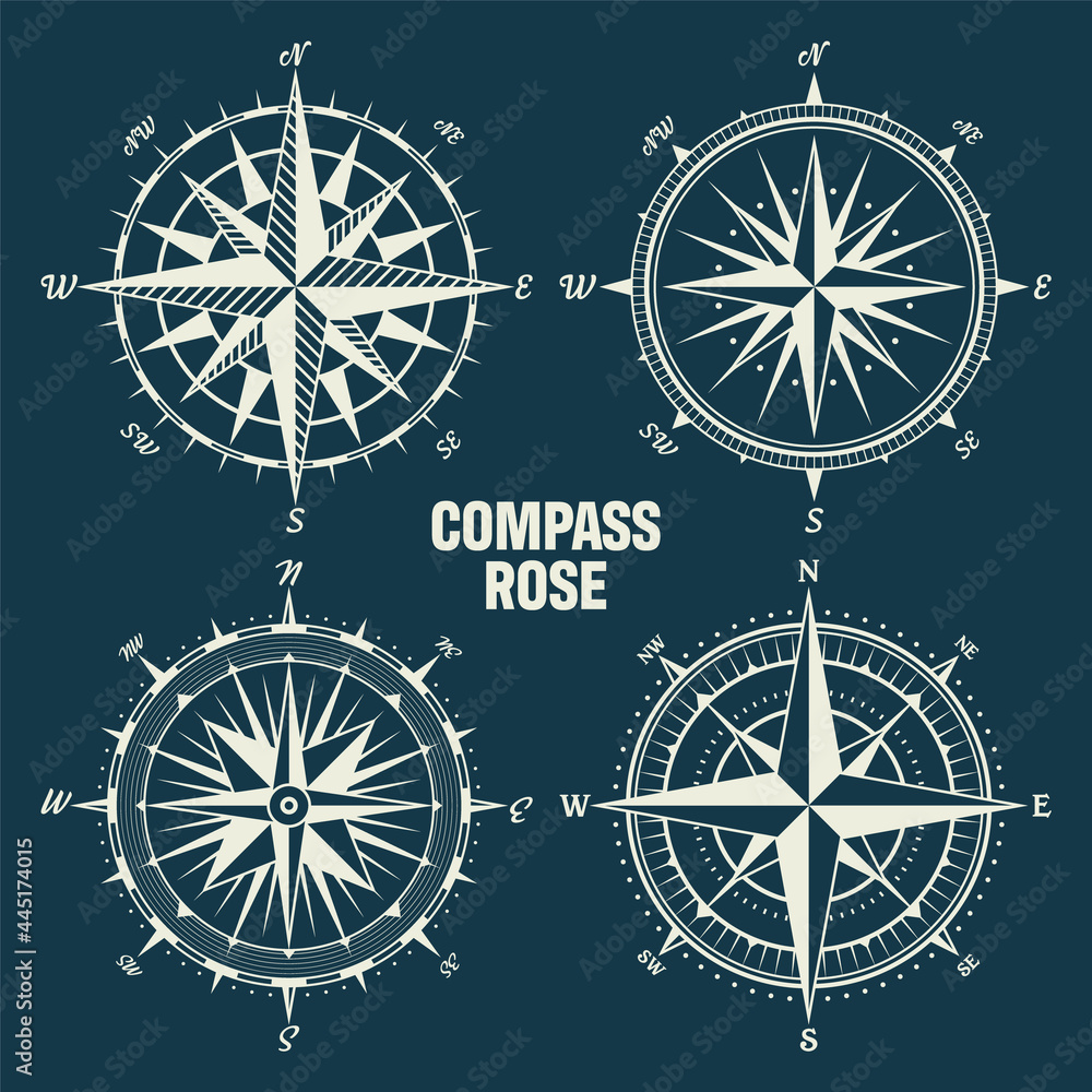 Vintage marine wind rose, nautical chart. Monochrome navigational ...