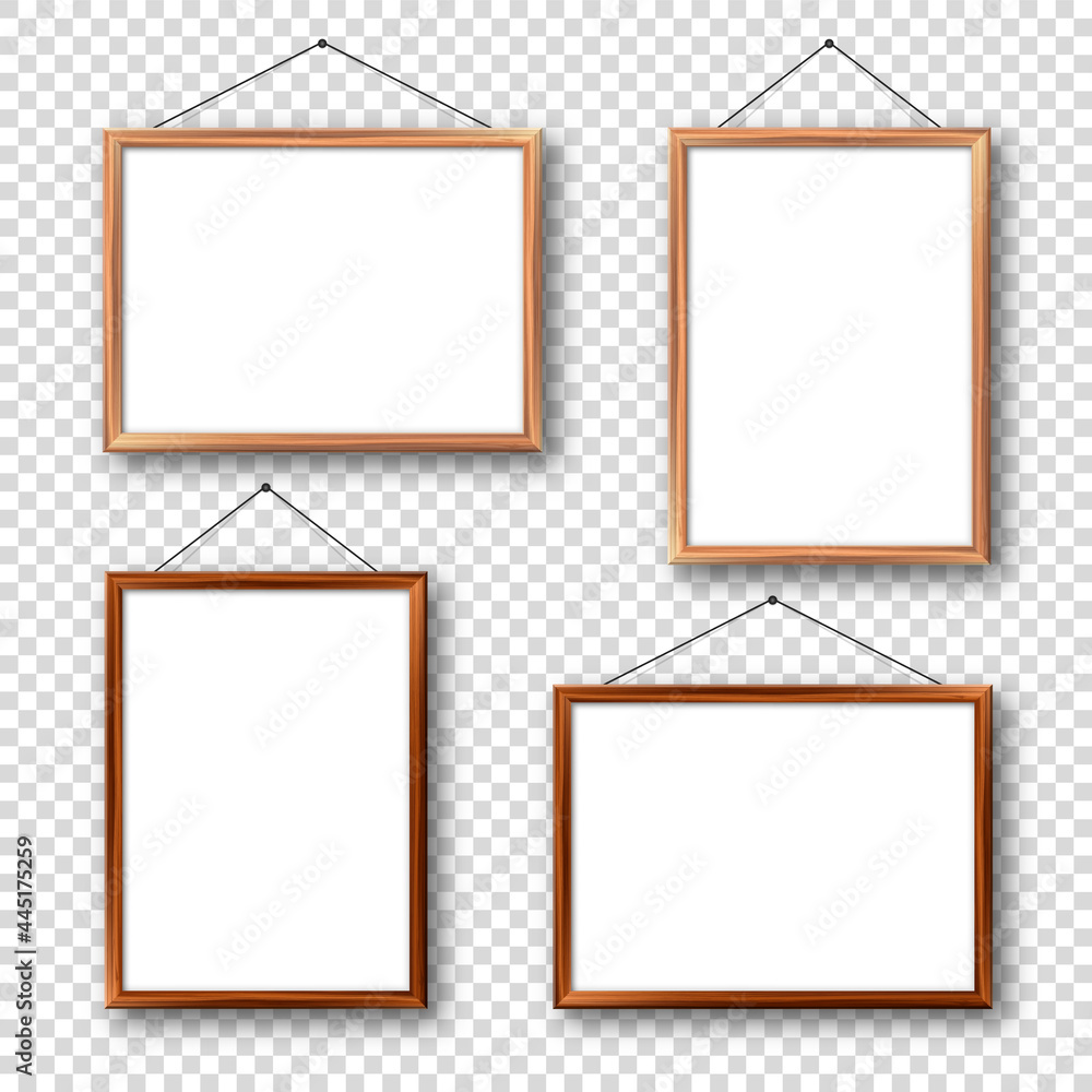 Realistic wooden picture frames with shadow on checkered background ...
