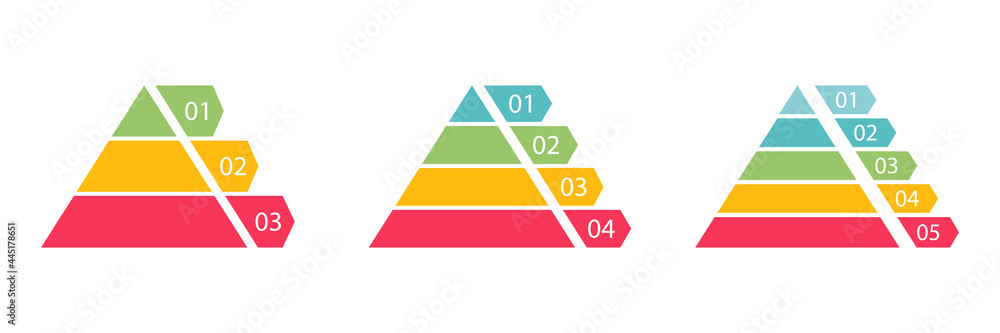 Pyramid infographic colorful set. Triangle hierarchy data segments ...