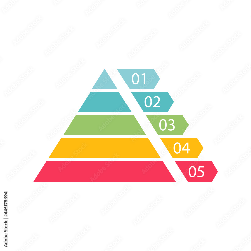 Triangle data segments. Pyramid infographic template with 5 colorful levels. Color hierarchy ...
