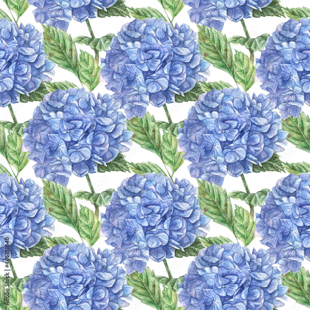 Watercolor seamless pattern of blue hydrangea clouds hand-drawn ...