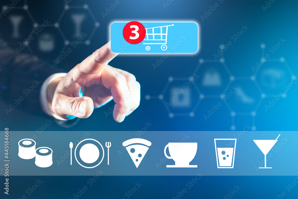 Mobile app with restaurant menu concept. Hand of person ordering food ...