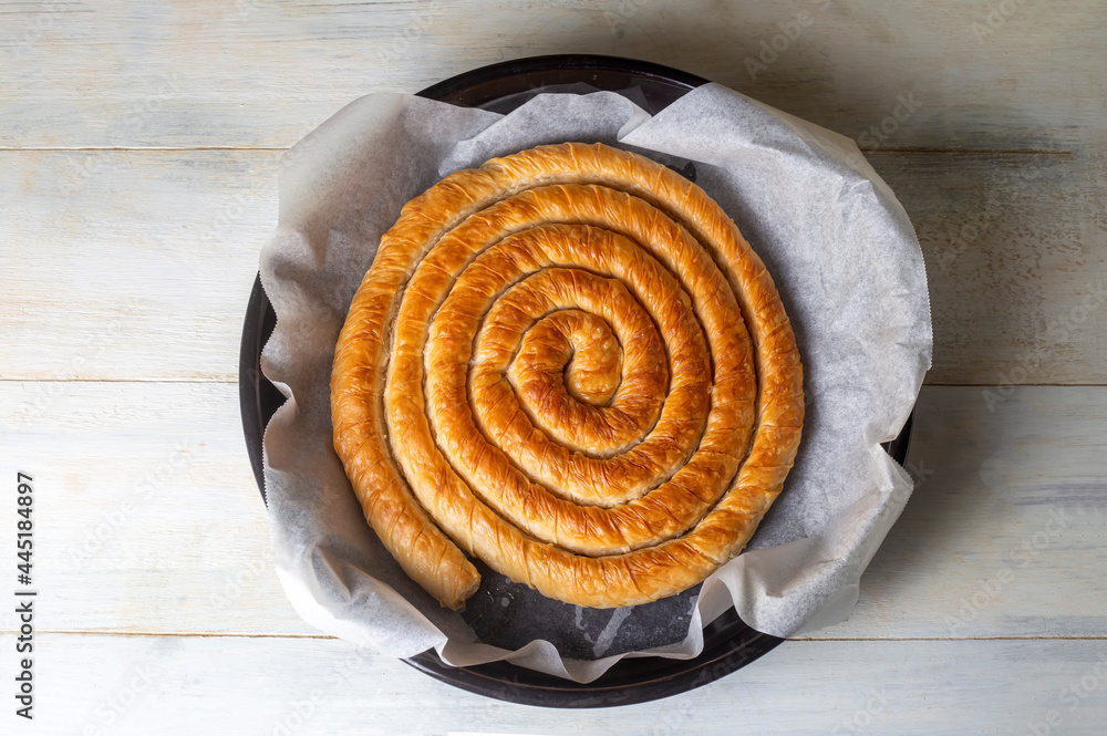 Turkish Tepsi Boregi, Round Borek, Tray pastry (Turkish name; rulo ...