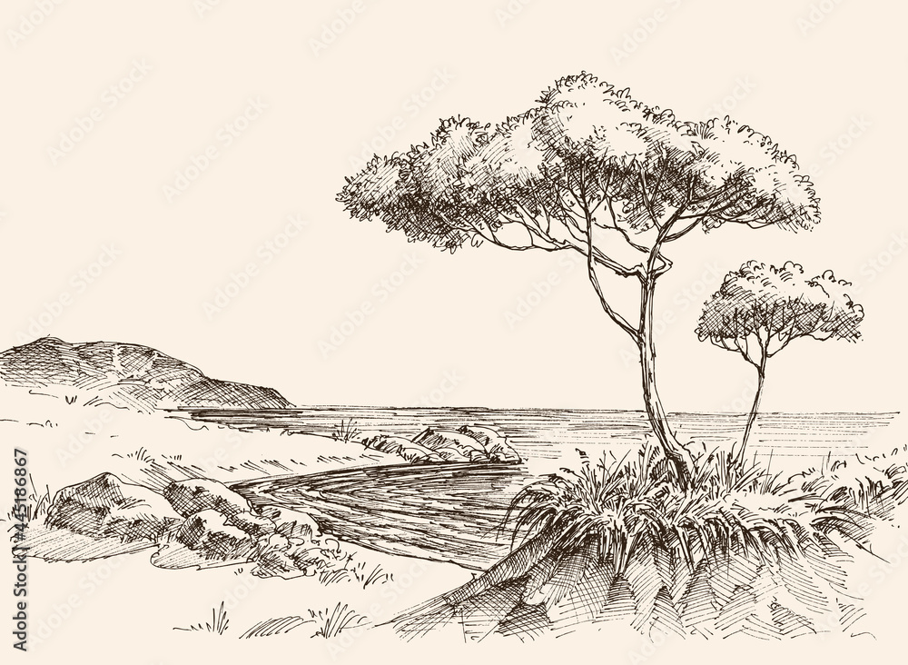 Sea shore hand drawing, sea view, small beach, calm waters and trees ...