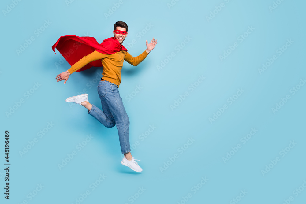 Full size profile side photo of young superman happy positive smile ...