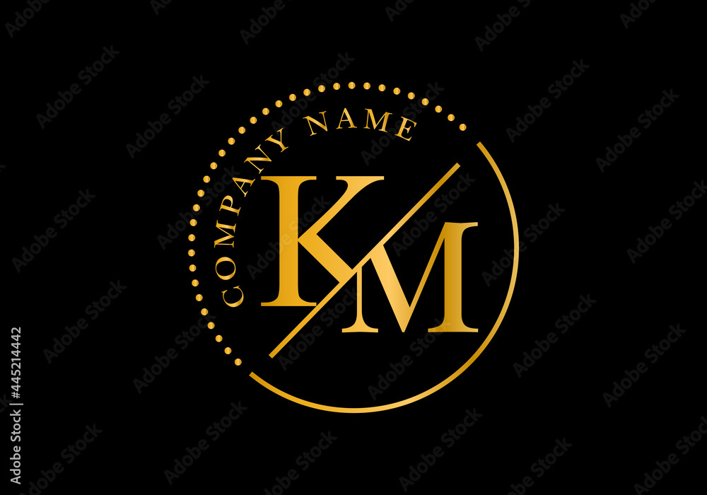 Golden letters KM with golden circle frames. Graphic Alphabet Symbol ...
